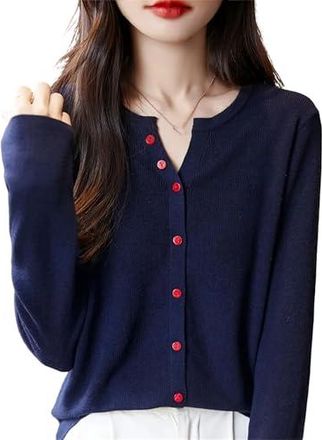 Generic Cardigan classique en laine pour femme, col en V, motif tricot&eacute;, manches longues, bouton, haut d&eacute;contract&eacute;, Bleu fonc&eacute;, S