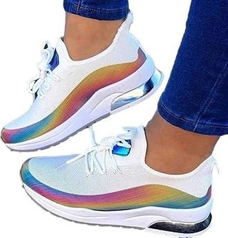 Generic Chaussures de course en maille respirante pour femme, baskets légères à lacets avec semelle rembourrée, baskets arc-en-ciel dégradées pour femme, chau