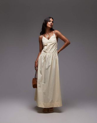 Topshop Popeline-Midikleid in Buttermilchgelb mit tiefem V-Ausschnitt