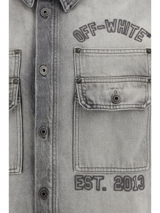 Off-white Mens Overshirt Diag Military Denim Sun-Faded Grey Cotton Shirt