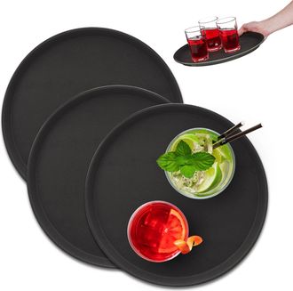 Relaxdays Serviertablett 3er Set, rund &Oslash; 35 cm, Bartablett, rutschfeste Oberfl&auml;che, Kellnertablett Gastronomie, schwarz