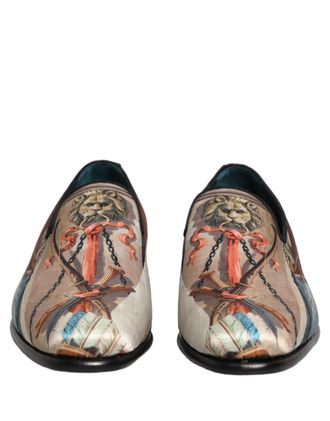 Dolce & Gabbana Mens Multicolor Lion Print Slip On Loafers Shoes Leather