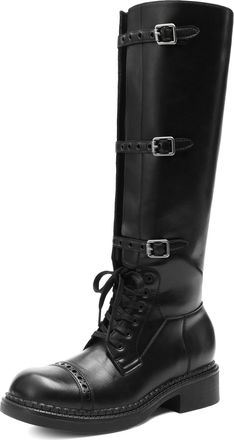 Dream Pairs Damen Kniehohe Stiefel mit Schnürung, Blockabsatz & Reißverschluss, Modischer Biker-Stil, Komfortabel für Herbst & Winter,Size 41.5,Schwarz,DWUMKB2512