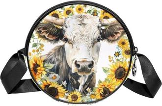Generic Sac &agrave; bandouli&egrave;re rond pour femme, motif vache et tournesol avec fermeture &eacute;clair et bretelles r&eacute;glables