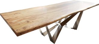 DELIFE Esszimmertisch Edge Akazie Natur 260x100 Spider Flachstahl Edelstahl Live-Edge
