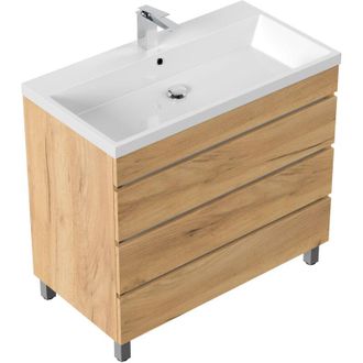 Magnolia Home Stand Badm&ouml;bel Via 90 SoftClose eiche gold mit drei grifflosen Schubladen