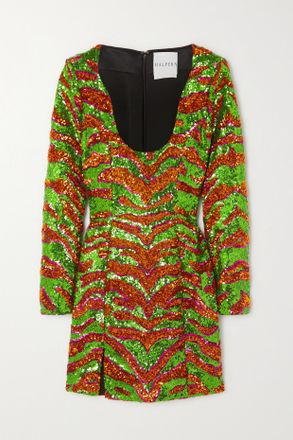 Halpern Minikleid Aus T&uuml;ll Mit Pailletten Und Zebraprint - Gr&uuml;n