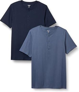Amazon Essentials Henley en Coton Coupe Classique à Manches Courtes Homme, Lot de 2, Bleu Jean/Bleu Marine, XXL