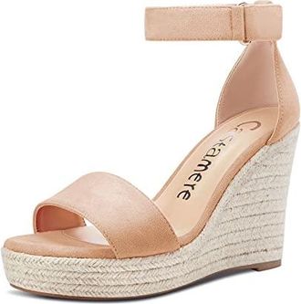 Castamere Femmes Haut High Talon Heel Compensé Plate-forme Ouvert Bout Lanières Cheville Sandales Mariage Party Dress 10 CM Heels Beige Suède 40 EU