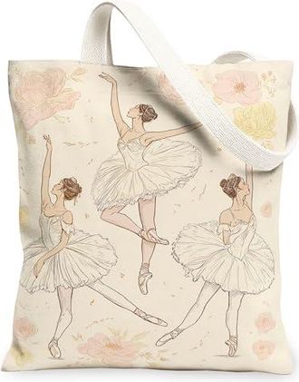 Generic Sacs fourre-tout en toile motif floral pour danseuse de ballet, sacs d&eacute;picerie r&eacute;utilisables, l&eacute;gers et lavables, cr&egrave;me, 13x15 Inch