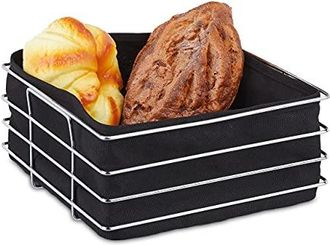 Relaxdays Brotkorb Metall, mit Stoffeinsatz, moderner Br&ouml;tchenkorb, Fr&uuml;hst&uuml;ckskorb Edelstahl, HBT 10,5x23x23 cm, schwarz