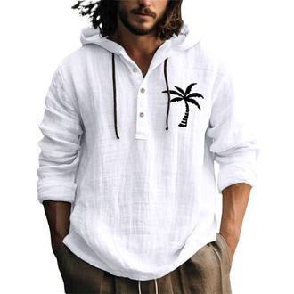 Generic Chemise en lin pour homme - Coton et lin - Sweat &agrave; capuche - Boutonni&egrave;re - Manches longues - Sweat-shirt l&eacute;ger et respirant - Chemise d&eacute;t&eacute; surdimensio