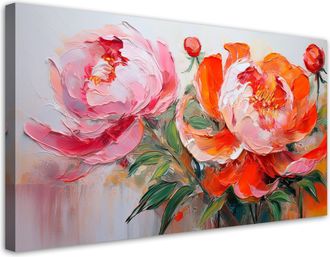 Feeby Wandbilder - Bilder Schlafzimmer - Rosa Pfingstrosen Blumen Orange - 100x50 1tlg - Wohnzimmer Bild Groß - Wohnungs - Foto Geschenk - Leinwand Wall Art