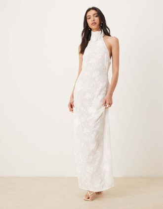 JW PEI Robe longue dos nu &agrave; broderies fleuries avec dos nu et grosse fleur - Blanc
