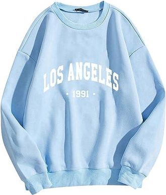 Generic Pull Los Angeles pour femme - Col rond californien - Vintage - Sweat &agrave; capuche color&eacute; - Col rond - Coupe ample - Lettre unie - Athl&eacute;tique - V&ecirc;tements 