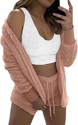 Generic Ensemble de vêtements de détente 3 pièces pour femme - Ensemble de pyjama en polaire chaude - Cardigan à manches longues et short à cordon de serrage 