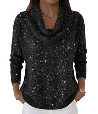 ORANDESIGNE Pull Paillettes Femme Chic et Elegant Col Cowl Soiree Haut &agrave; Sequins Pull de No&euml;l Scintillant A Noir XXL