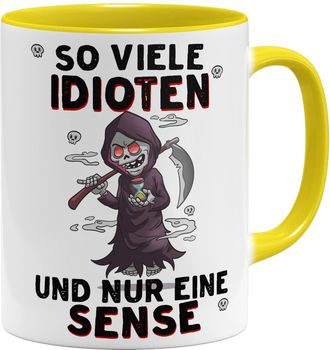OM3 lustige Sensenmann Kaffee-Tasse mit Spruch - So viele Idioten und nur eine Sense - Sarkasmus - Keramik Becher - 325ml - Beidseitig Bedruckt - Gelb
