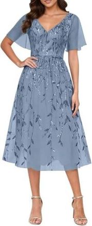 Generic Robe de soir&eacute;e formelle en tulle &agrave; paillettes pour femme Longueur th&eacute; M&egrave;re de la mari&eacute;e, Bleu poudr&eacute;, 48 Grande taille