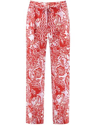 Gerry Weber Damen Gemusterte 7/8 Hose mit Bindegürtel floral, Gemustert 7/8 Länge Ecru/Weiss/Rot/Orange Druck 34