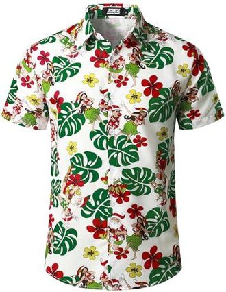 JOGAL Chemise de Noël funky à manches courtes pour homme - Chemise hawaïenne boutonnée - Imprimé Père Noël - Chemise de loisirs, Blanc/vert/rouge., 3XL
