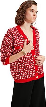 Trendyol Cardigan Standard en Tricot &agrave; col en V pour Femme Sweater, Rouge