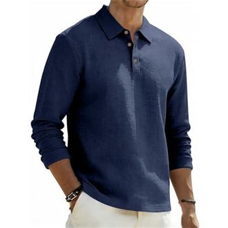Generic DENGJIAMY - Polo en lin pour homme, d&eacute;contract&eacute;, vacances, golf, t-shirt tendance, col en V, manches longues, col classique, haut d&eacute;t&eacute; pour la plage, 