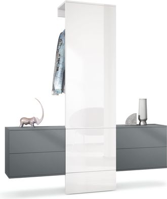 Vladon Garderobe Carlton Set 3, Made in Germany, Wandgarderobe aus Flur-Paneel & 2 Schubladen-Kommoden, Anthrazit matt/Weiß Hochglanz (157 x 193 x 35 cm)