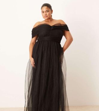 Lace & Beads Plus Robe en tulle à épaules dénudées avec noeud - Noir