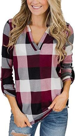 Generic Vestes pour femmes 2026 &agrave; manches longues d&eacute;contract&eacute;es &agrave; carreaux, Rouge, 3XL