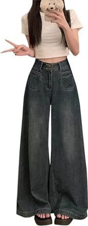 Generic Jean pour femme taille haute &agrave; jambe large, en denim, coupe d&eacute;contract&eacute;e, pantalon Palazzo avec fermeture &eacute;clair, couleur unie, pantalon ample pour fe