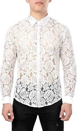 JOGAL Chemise à manches longues en dentelle florale transparente pour homme, Rose blanche., S