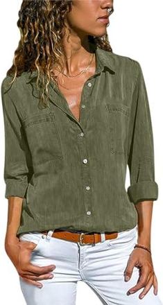 Minetom Chemisier pour Femme Chemise en Jean Col en V Manches Longues Blouse Décontracté avec Boutons Chemise en Denim avec Poche A Armée Vert L