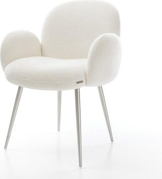 DELIFE Esszimmerstuhl Nube-Flex mit Armlehnen Boucl&eacute; Soft Beige 4-Fu&szlig; konisch Edelstahl Taschenfederkern, Esszimmerst&uuml;hle