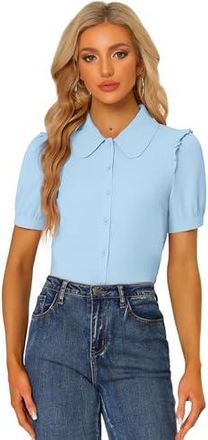 Allegra K Haut à col pour Femmes, col Claudine, Manches Courtes et Bouton sur Le Devant Bleu Clair XL