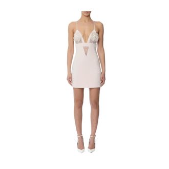 Elisabetta Franchi Elfenbeinfarbenes Minikleid mit Spitzeneins&auml;tzen - - Dresses - Damen - Wei&szlig; - XL