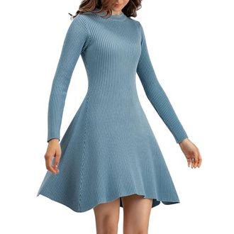 Generic Robe Pull Femme Tricot Col Rond Manches Longues Mini Robe Ourlet Volanté Élégante Décontractée A-Ligne