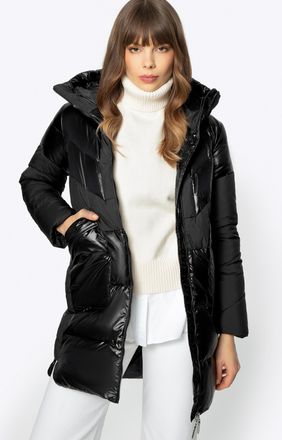 Wittchen Damen-Daunenmantel aus Materialmix mit Kapuze, schwarzes Nylon