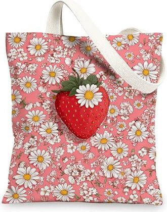 Generic Sacs fourre-tout en toile à motif floral de fraise, sacs à provisions réutilisables, élégants, légers et lavables, bandoulière C, pêche, 13x15 Inch