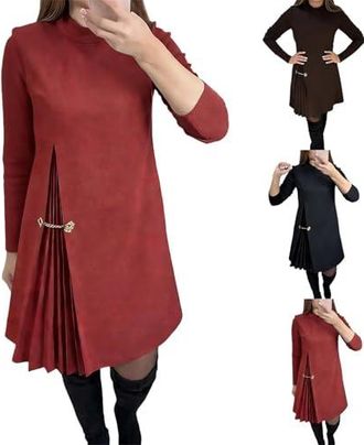 Generic Mini robe pliss&eacute;e &eacute;l&eacute;gante &agrave; manches longues et col rond et manches longues pour affaires d&eacute;contract&eacute;es, Rouge, XXL