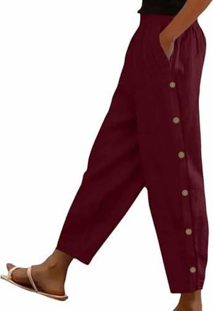 Generic Pantalon en coton et lin pour femme - Jambe large - Pantalon de plage d&eacute;t&eacute; pour femme - Confortable - Pantalon de yoga Palazzo XIYU26007, bordeaux, XX