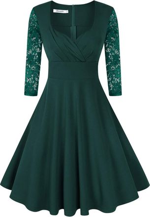 KOJOOIN Damen 50er Vintage Kleid Retro/Cocktailkleid/Abendkleid/Ballkleid Rockabilly V-Ausschnitt Kleid Knielang Langarm Dunkelgr&uuml;n XXL