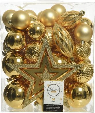 Kaemingk Weihnachtskugeln Kunststoff 5-8cm mit Christbaumspitze Stern 50er Set bruchsicher Gold Hellgold