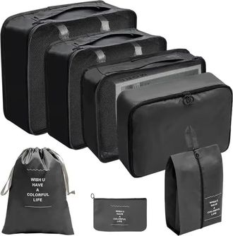 Generic 7-teiliges Reise-Aufbewahrungstaschen-Set, Koffer-Packw&uuml;rfel, Handgep&auml;ck, Kleider- und Schuh-Organizer-Taschen, faltbar(7 Pcs Black)