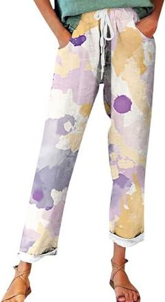 Generic Pantalon en Lin pour Femme L&eacute;ger Fluide &Eacute;t&eacute; Chic Womens Autumn Fragrant Linen Print Casual Pants Perfect for Spring Comfortable and Trendy for Relaxed