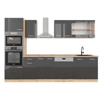 Vicco Cuisine R-Line, Anthracite Brillant/Chêne doré, 300 cm avec Armoire Haute, sans Plan de Travail