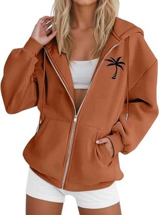 Generic 2026 Veste &agrave; capuche d&eacute;contract&eacute;e &agrave; manches longues avec cordon de serrage pour femme Motif arbre, marron, 3XL