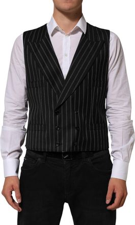 Dolce & Gabbana Black Stripes Wool Dress Men Waistcoat Vest Co+wo