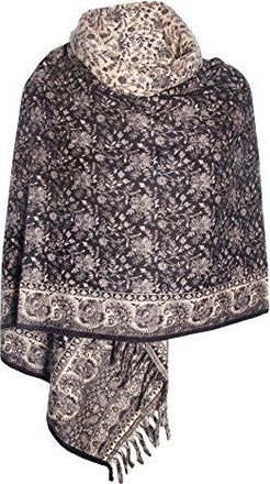 Tibet Foulard dhiver noir floral en pure laine de yak - Décoration unisexe surdimensionnée double face