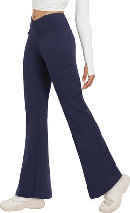 Baleaf Thermo Hose Damen Thermo Leggings mit Taschen Wanderhose Wasserabweisend Bootcut Leggings Schlaghose Warm Winterhose 31 inch Marineblau XXL